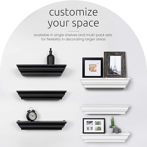 Kiera Grace Madison Classic Crown Molding Floating Wall Shelves, Robust Engineered Wood, Easy Assembly, Ideal for Home Decor, 16", Black, Set of 3