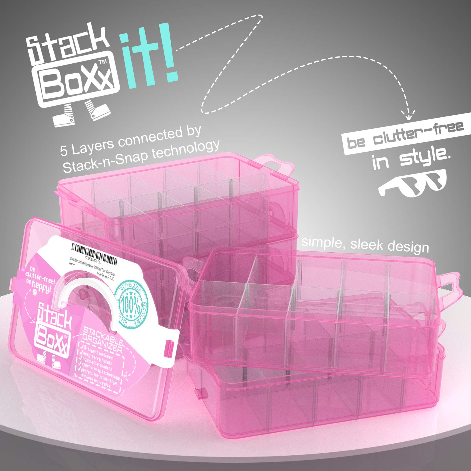 Stack Boxx Stackable Organizer and Storage Container (Pink) +Free Case | Be Clutter-Free, Be Happy! 5 Layers w/Handle -Perfect Solution for Kids Toys, Art Crafts, Jewelry, School & Office Supplies