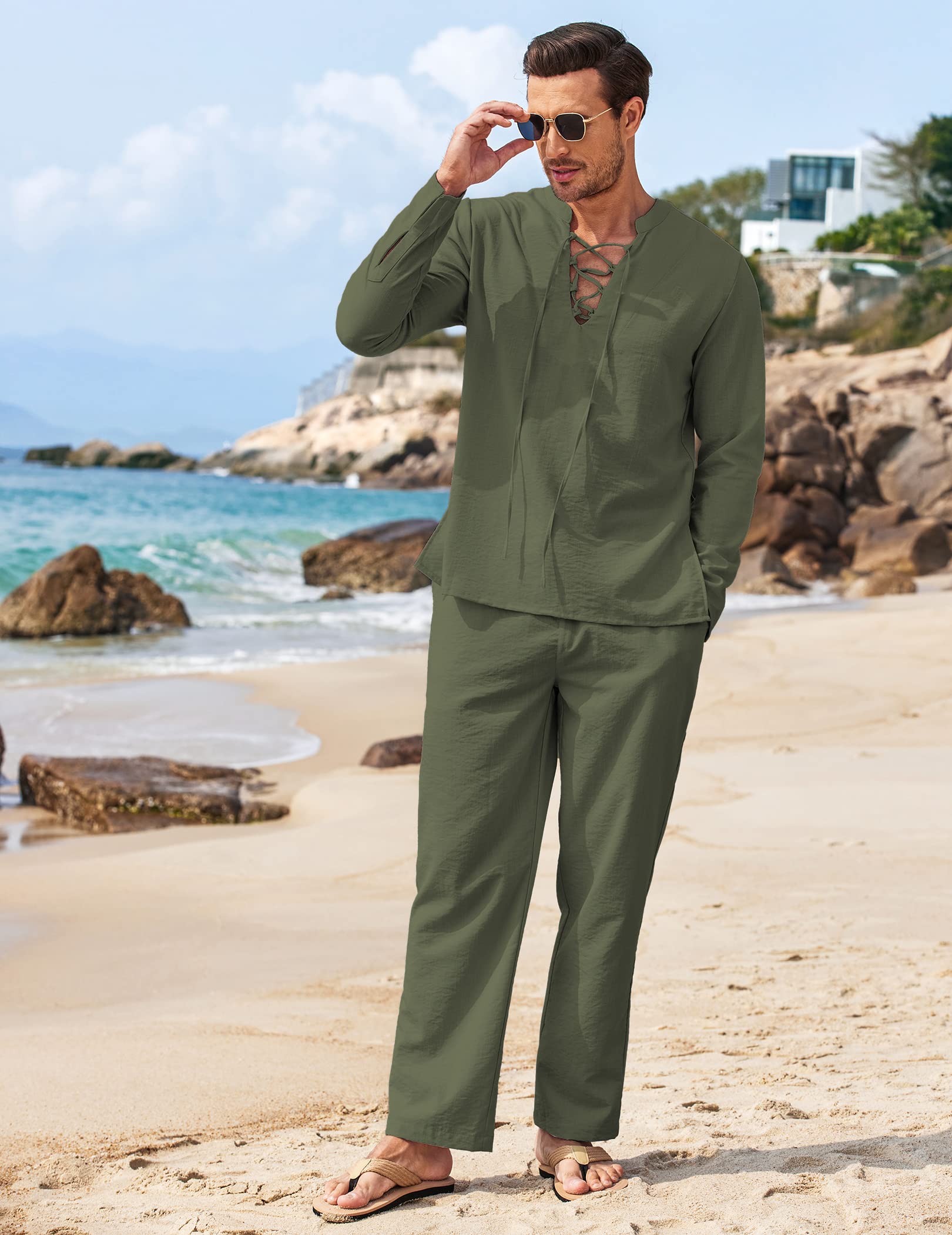 COOFANDY Men's 2 Piece Linen Sets Casual Long Sleeve Shirt and Loose Pants Set Beach Vacation Outfits, Army Green, Large