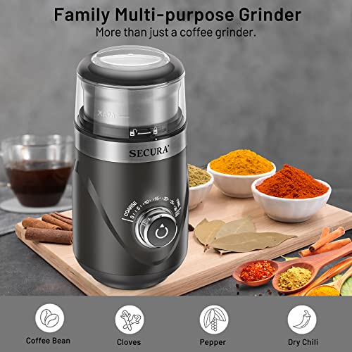 Secura Adjustable Coffee Grinder Electric, Spice Grinder Electric, Coffee Bean Grinder, Multipurpose Grinder for Spices, Herbs, Nuts, Grains with 1 Stainless Steel Blades Removable Bowl, Grey