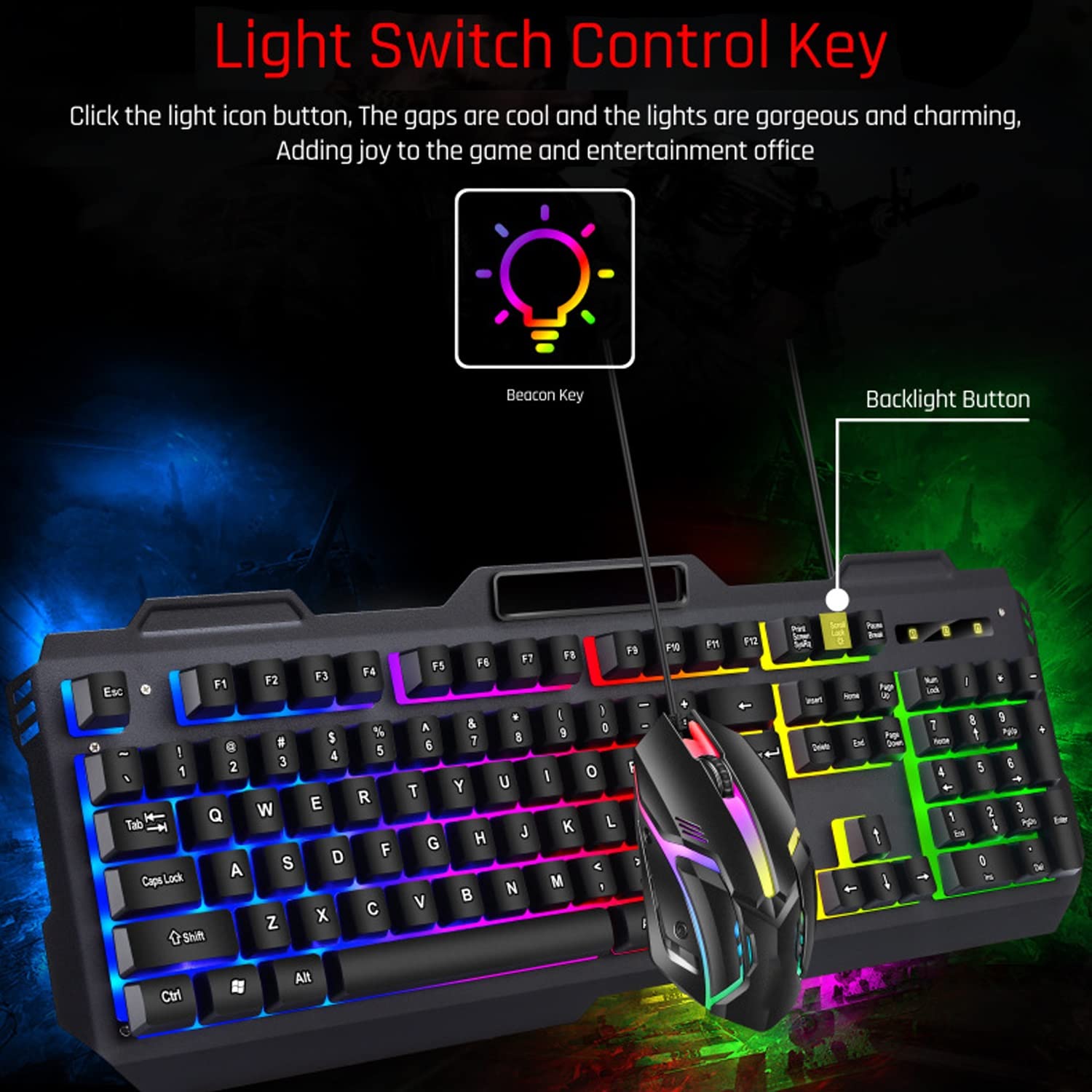 EXHNLE Gaming Keyboard and Mouse Set, LED Backlit Mechanical Feel Business Office Keyboard, with 104 Key Computer PC Gaming Keyboard for PC/Laptop