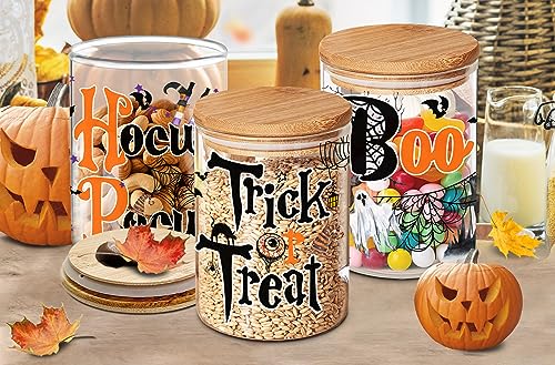 Halloween Decor 3 Pack Glass Storage Jars with Airtight Bamboo Lid - Hocus Pocus Canisters Sets for Kitchen Countertop - Clear Halloween Glass Storage Jars for Coffee Bean, Cookie, Candy, Tea, Flour