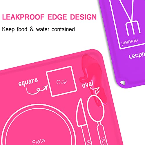 Kids Silicone Placemats, Baby Montessori Placemats for Kids Toddler Children Reusable Non-Slip Table Setting Mats for Restaurant (Purple/Rose Red)