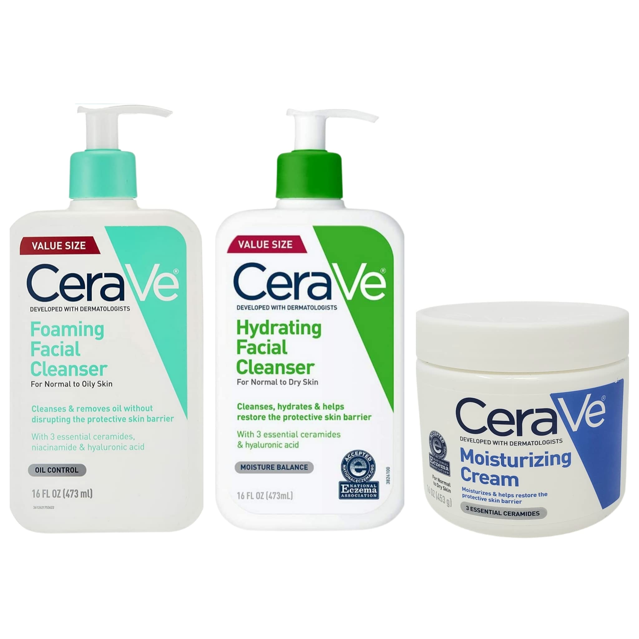 CeraVe Skin Care Bundle - Contains Hydrating Facial Cleanser (16 oz), Foaming Facial Cleanser (16 oz), and Moisturizing Cream (16 oz) Value Size Bundle