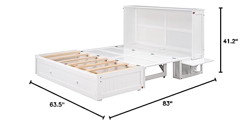 MOEO Queen Size Mobile Murphy Bed with Storage Drawer, Wood Bedframe w/Little Shelves on Each Side, Can Convert to Cabinet for Guest Room Home Office, White