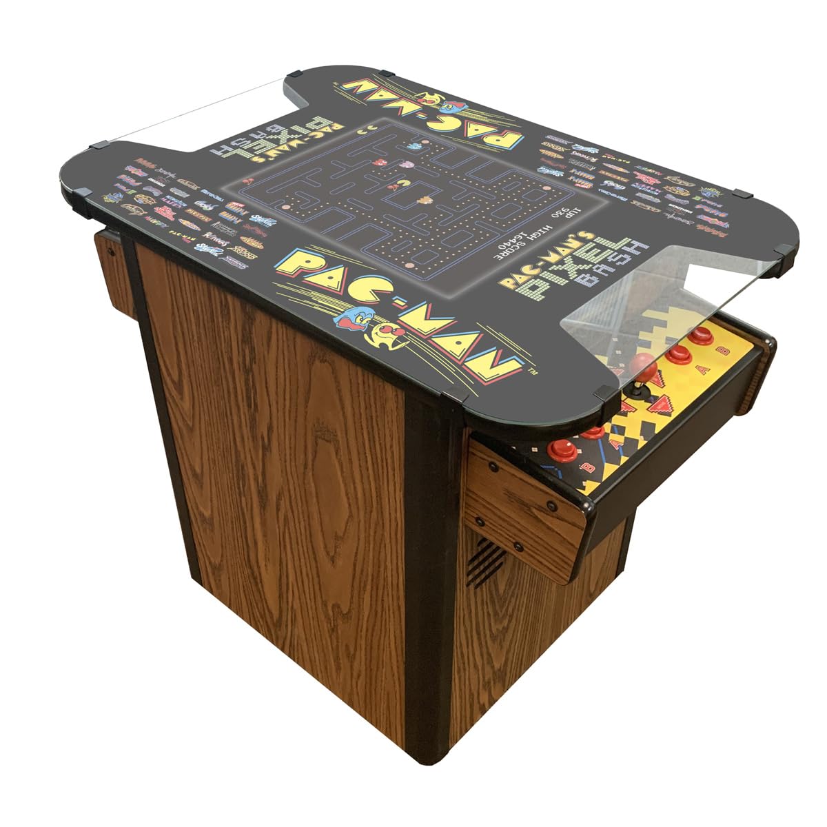 Namco Pac Man Pixel Bash Arcade Style Cocktail Table Game Woodgrain with 2 Pac Man Stools