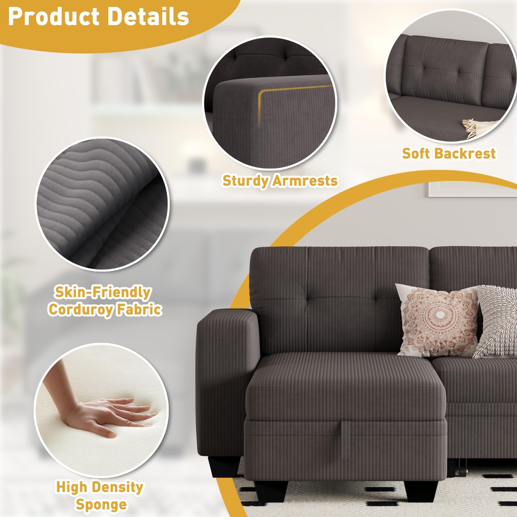 Furniwell Sleeper Sofa, L Shaped Pull Out Couch Sofa Bed with Storage Chaise Sectional Couch for Small Apartments, Living Room and Office (Corduroy)