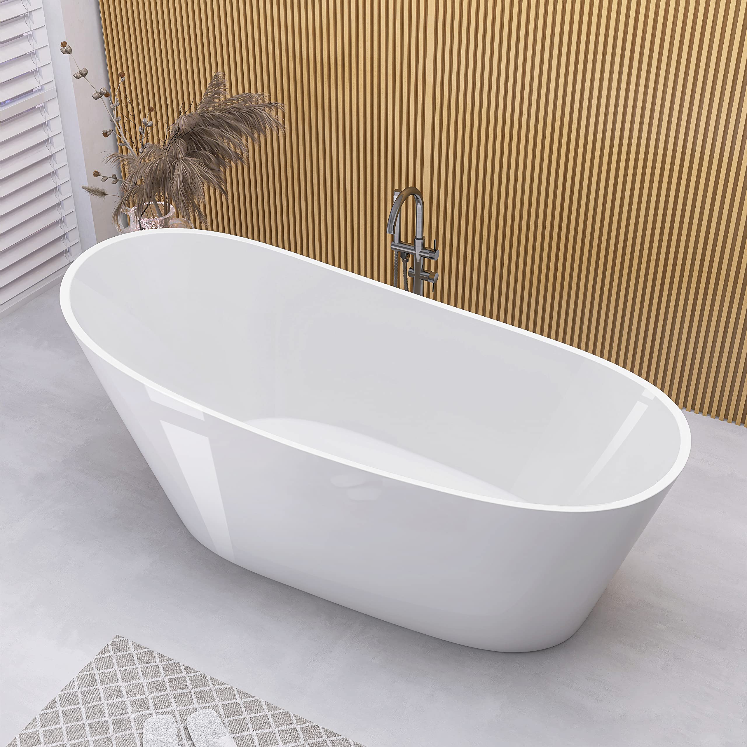 GETPRO Free Standing Tub 59" Acrylic Freestanding Bathtub Adjustable Soaking Bath Tub Oval Shape with Integrated Slotted Overflow and Chrome Anti-clogging Drain Glossy White