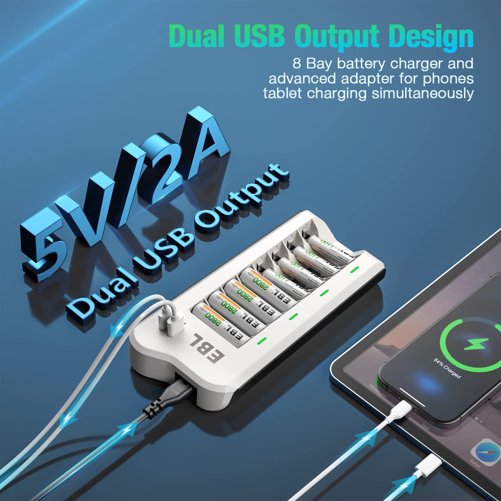 EBL 8Bay Battery Charger with AA Rechargeable Batteries 1.2V 1300mAh NIMH AA Battery and Battery Charger for Solar Lights