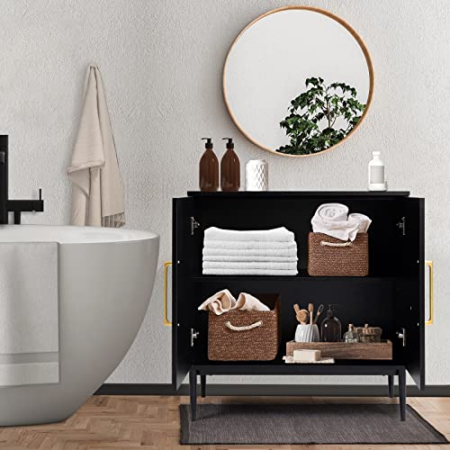 KFO Storage Cabinet with Doors, Black Accent Cabinet, Modern Free Standing Cabinet, Black Sideboard with Metal Base for Bedroom, Living Room, Kitchen and Office