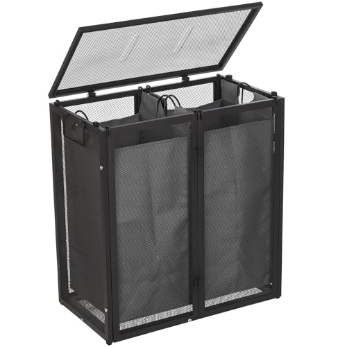 Crkmire Heavy Duty Metal Wire Laundry Hamper Lid, 29Gal (110L) 2 Section Divided Laundry Basket Double Clothes Hamper Bin for Laundry Room, Bedroom, Dorm & Kids