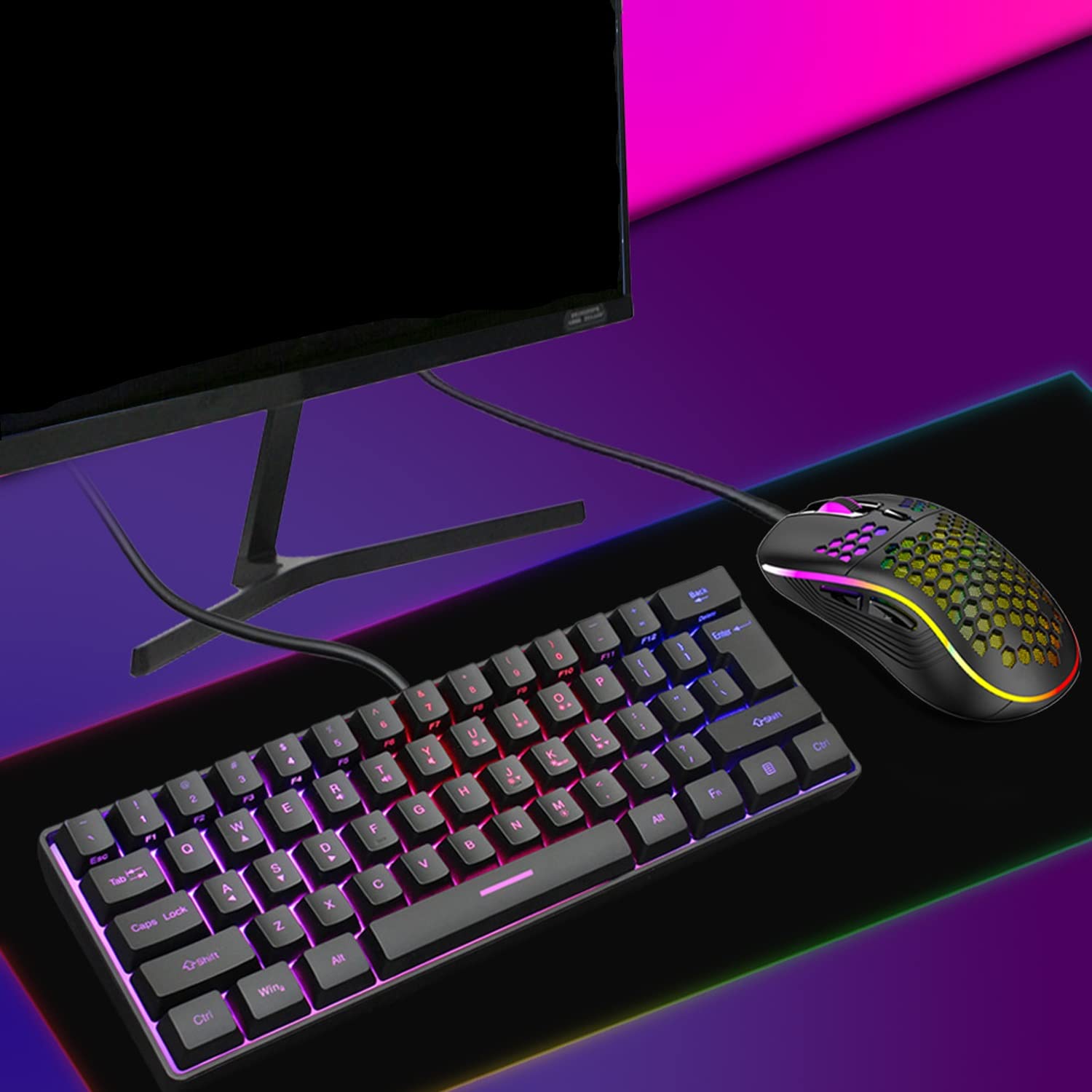 EXHNLE Gaming Keyboard and Mouse Combo, Ultra-Compact 61 Keys RGB Backlit Mini Keyboard, with 61 Key Computer PC Gaming Keyboard for PC/Laptop