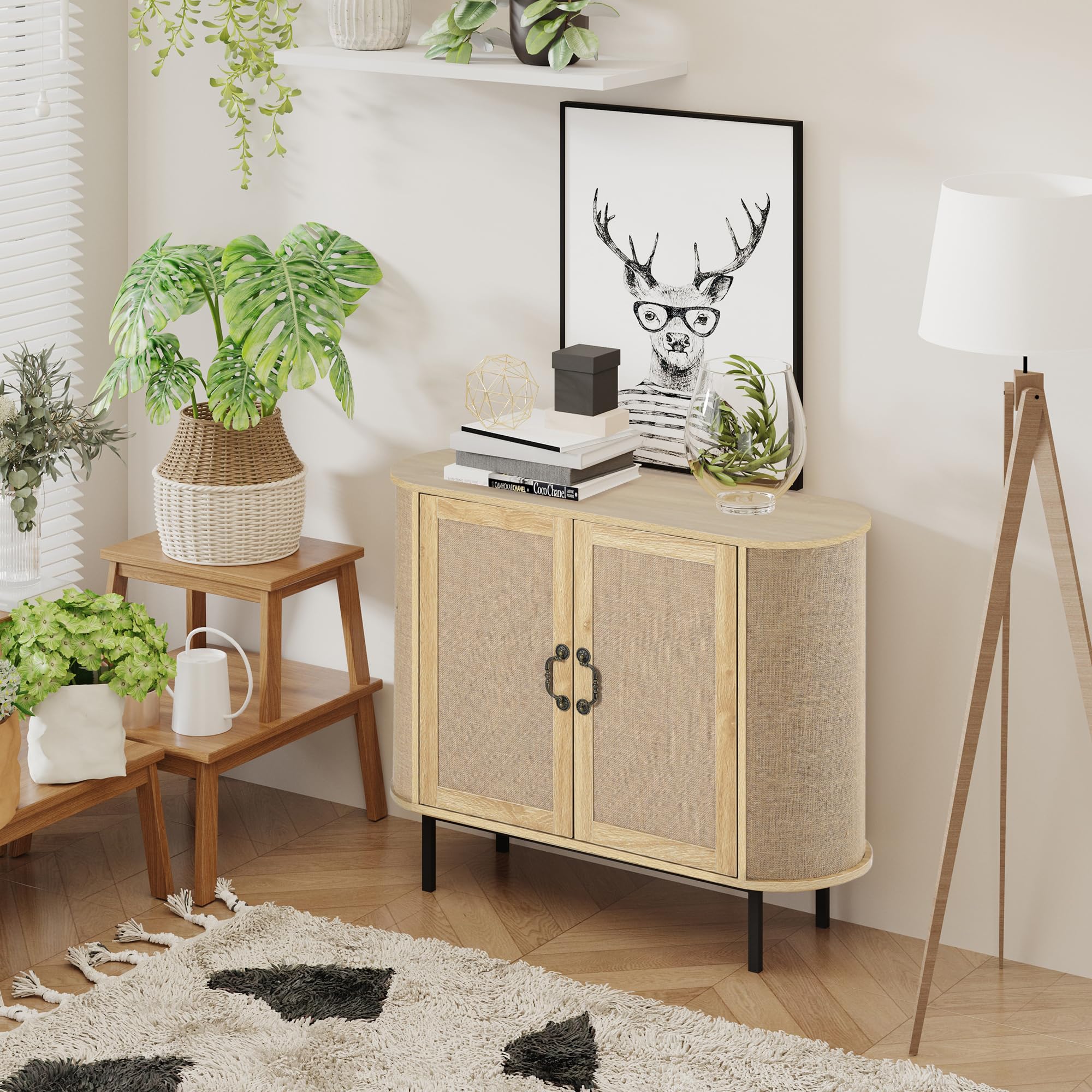 FurSch 40” Sideboard Buffet Cabinet with Storage,Oval Small Buffet Cabinet,Boho Rattan Accent Cabinet Sideboard for Living Room,Dining Room
