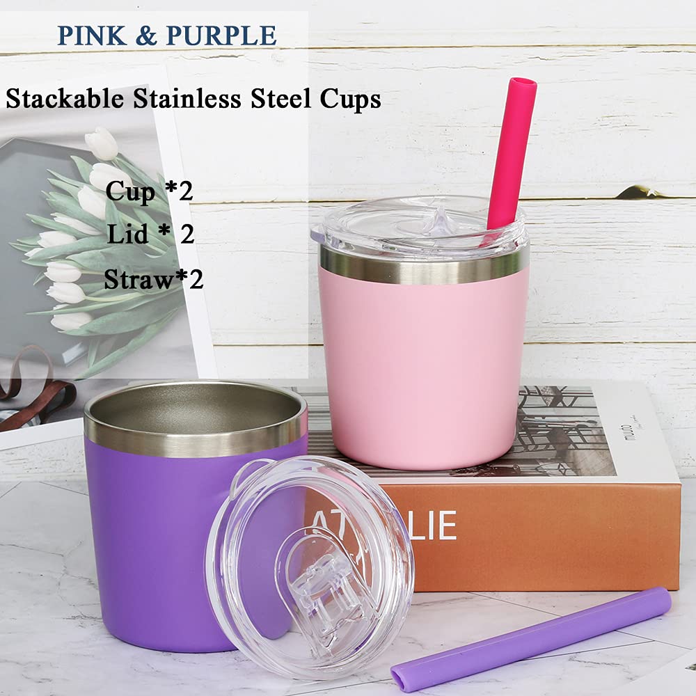 Colorful PoPo Cute Stainless Steel kids Cup with Lids, Silicone Straw Cup for Toddlers, Mini Insulated Stackable Tumblers for Smoothie Milk, Set of 2 (Pink Purple, 8 OZ)