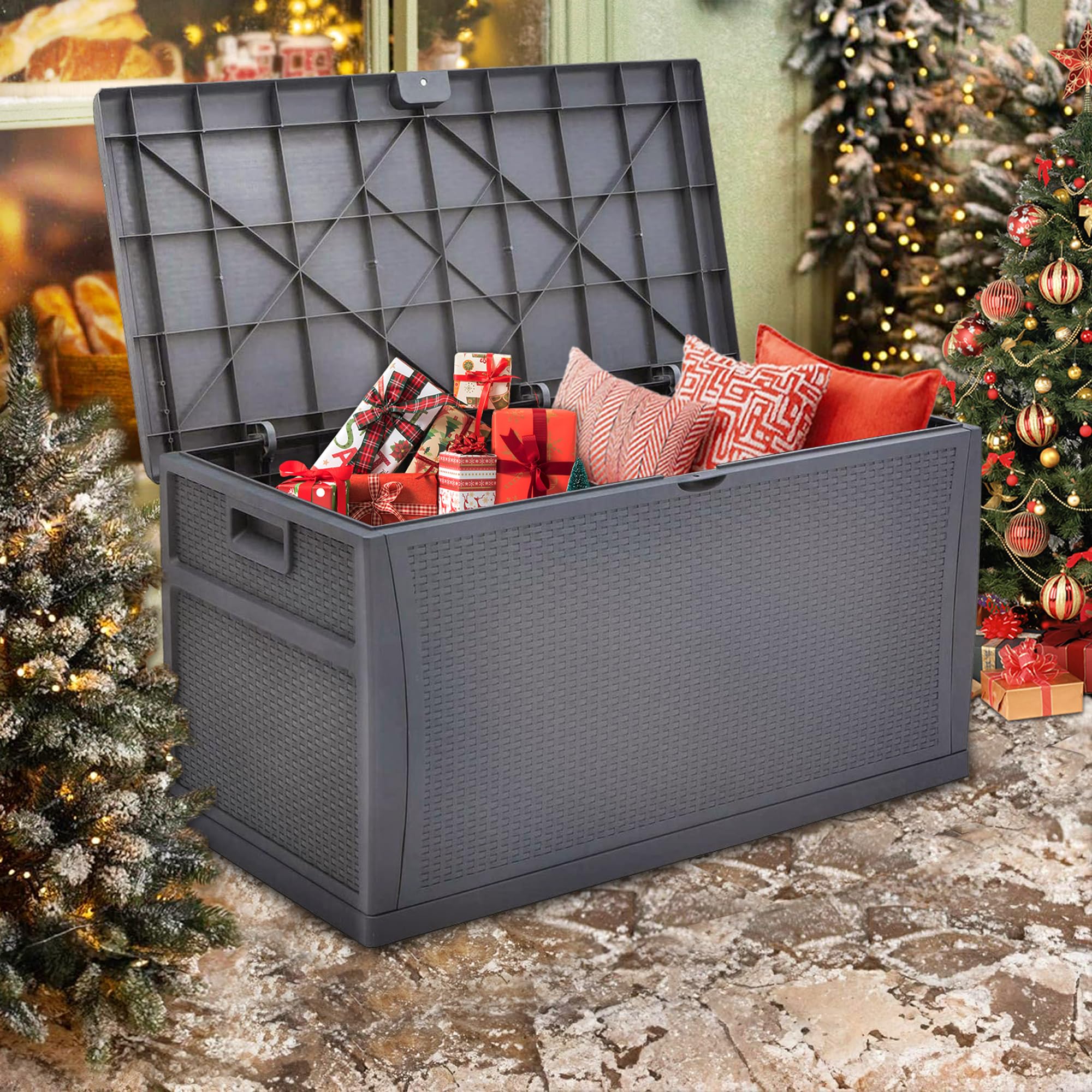 CrownLand 120 Gallon Outdoor Storage Deck Box Resin Container Weatherproof Box Patio Garden Furniture Storage Boxes,Grey,Gray