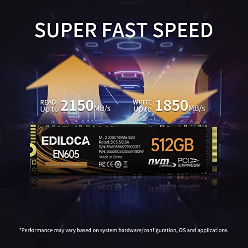 Ediloca 512GB NVMe SSD 3D NAND1.3 PCIe Gen3x4 M.2 2280 Internal Solid State Drive (Read/Write Speed up to 2,150/1,300 MB/s) Compatible with Laptop & Desktop