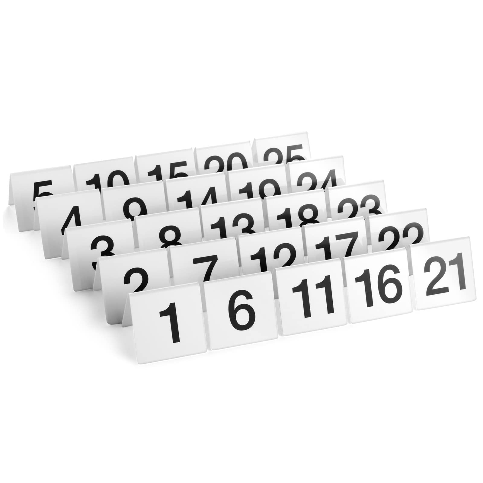 Juvale Set of 25 Restaurant Table Numbers 1-25, Double-Sided Acrylic Tent Table Numbers for Events, Banquets, Food Service, Wedding Receptions (Black and White, 3x2.75x2.5 in)