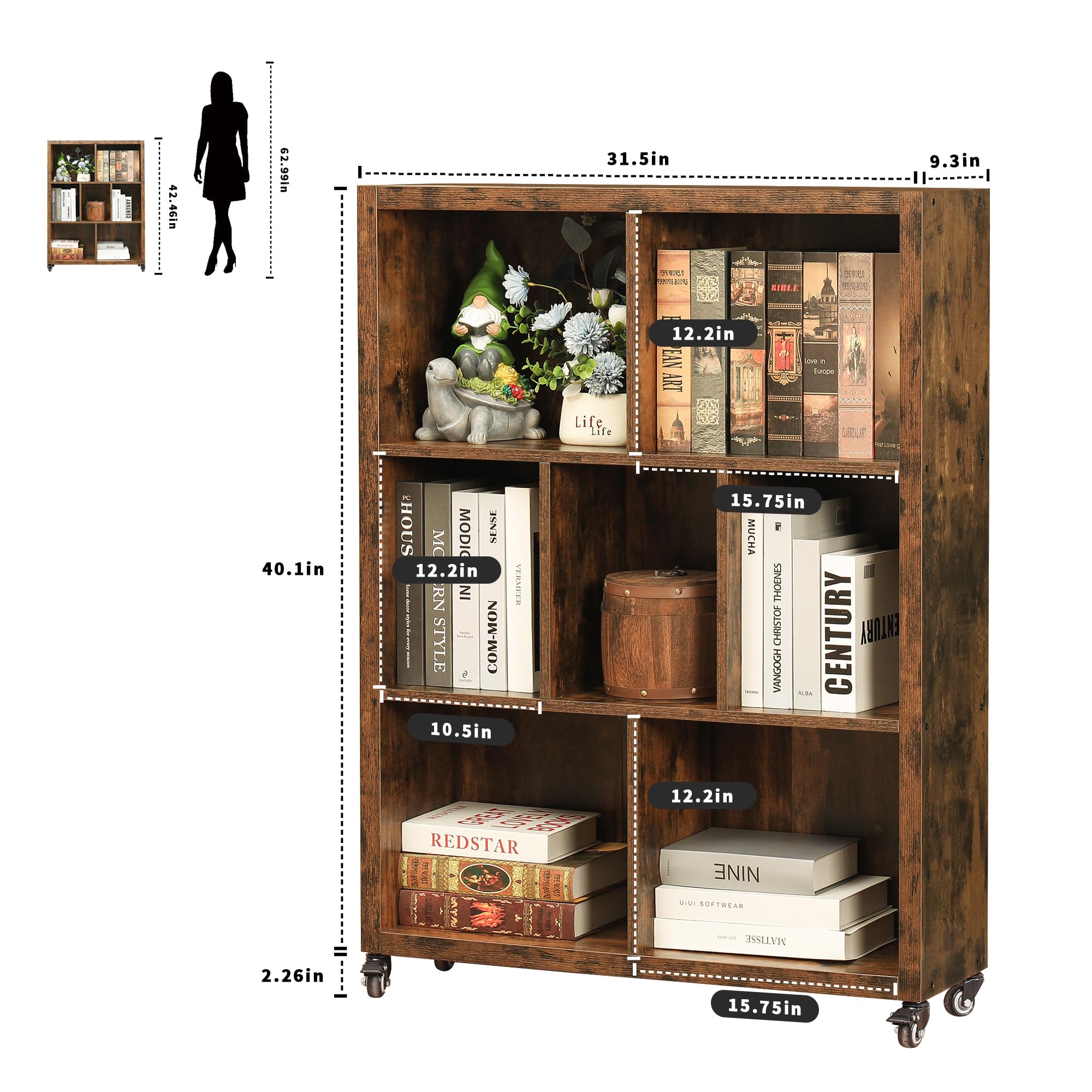FUSUNBAO 7-Cube Style Bookshelf with Wheels Frame Industrial Style Book Storage Organizer Bookcase Floor Standing Fixed Shelves,Display Shelves Cabinet for Living Room/Bedroom/Office(Antique Brown)