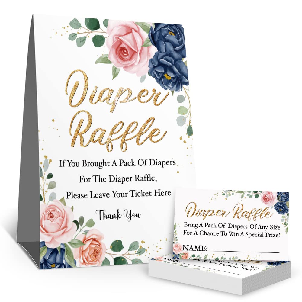Diaper Raffle Baby Shower Party Game Cards, Watercolor Baby Shower Party Raffle Insert Ticket, Baby Showers Party Decorations Game Cards Kit (1 Standing Sign + 50 Guessing Cards) (Blue Pink Floral)