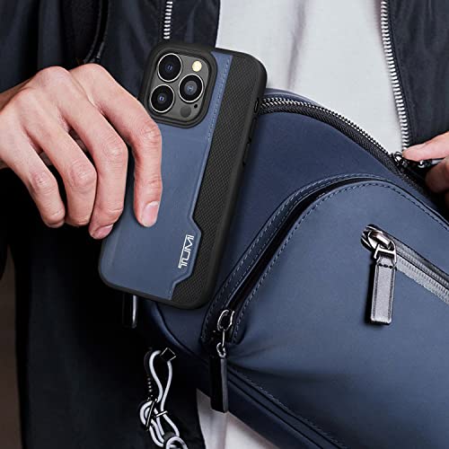 CG MOBILE TUMI Phone Case for iPhone 14 Pro Max in Blue with Vertical Card Slot, HC Leather Protective & Durable Case with Easy Snap-on, Shock Absorption & Signature Logo