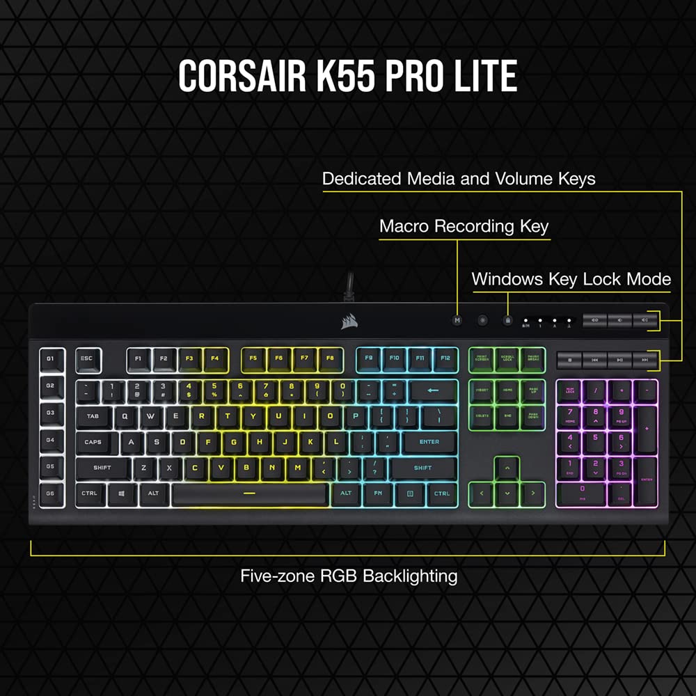 Corsair K55 PRO LITE RGB Wired Membrane Gaming Keyboard (5-Zone Dynamic RGB Backlighting, Six Macro Keys with Stream Deck Integration, IP42 Dust and Spill Resistant, Dedicated Media Keys) Black