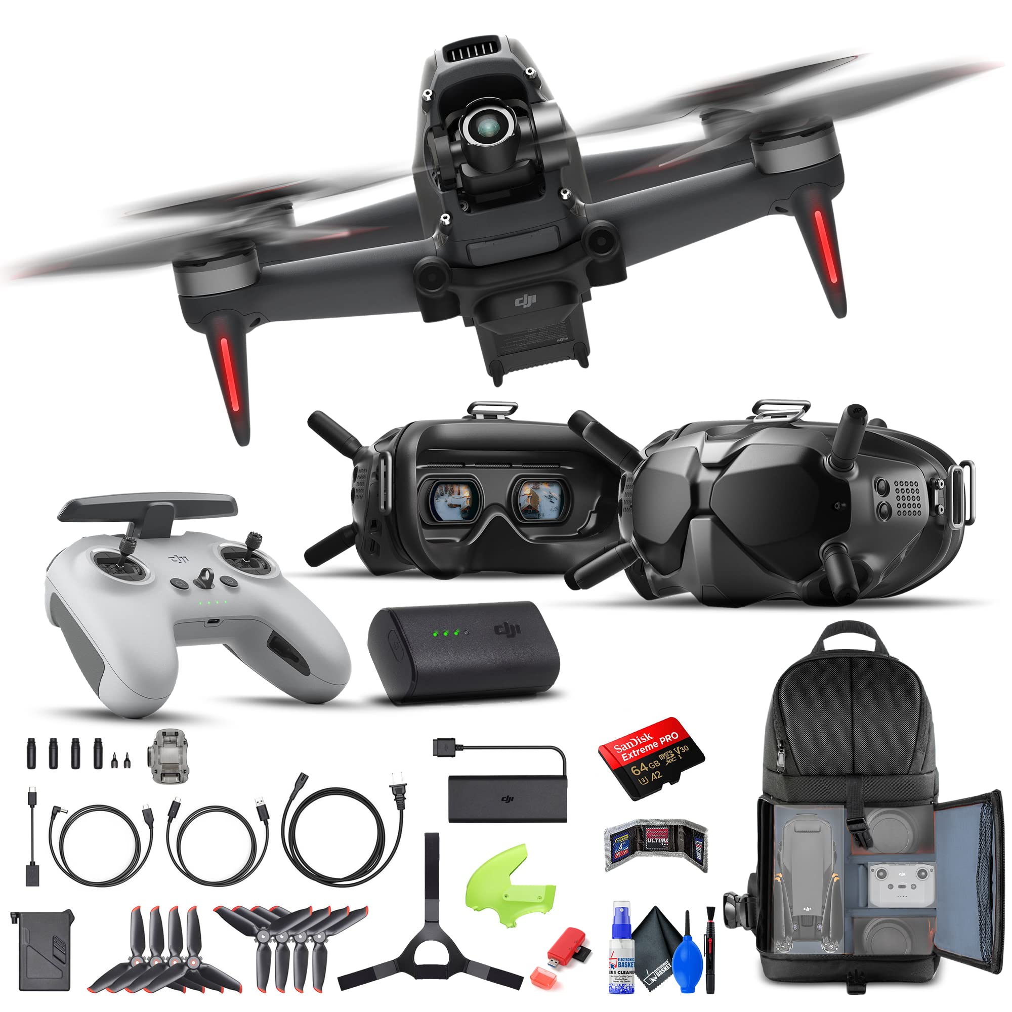 DJI FPV Combo - First-Person View Drone UAV Quadcopter with 4K Camera, S Flight Mode, Emergency Brake and Hover, (CP.FP.00000001.01) + Sling Backpack + 64GB Card + Cleaning Kit + Memory Wallet + More