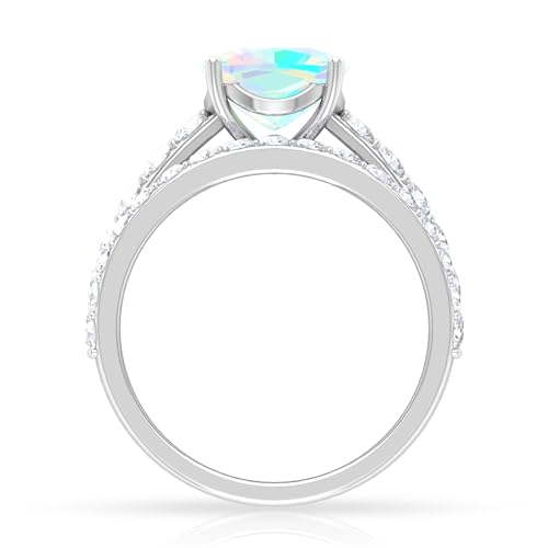 Certified Opal Wedding Ring Set, AAA Quality, Natural 8mm Cushion Cut Opal Engagement Ring with Moissanite Enhancer, 14K White Gold, Size:US 10.00