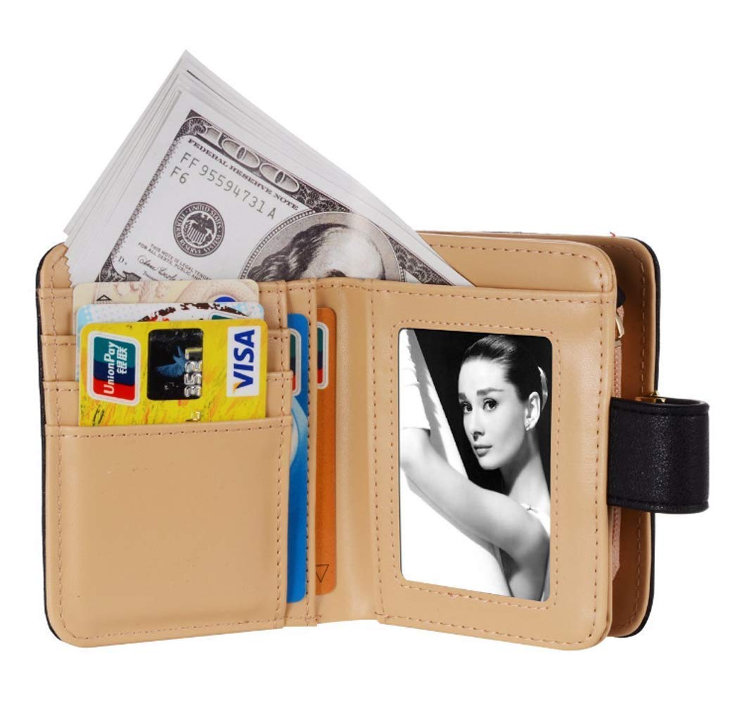 YaJaMa Women's Leaf Short Bifold Wallet Leather Credit Card Holder Case Clutch (Short Black)