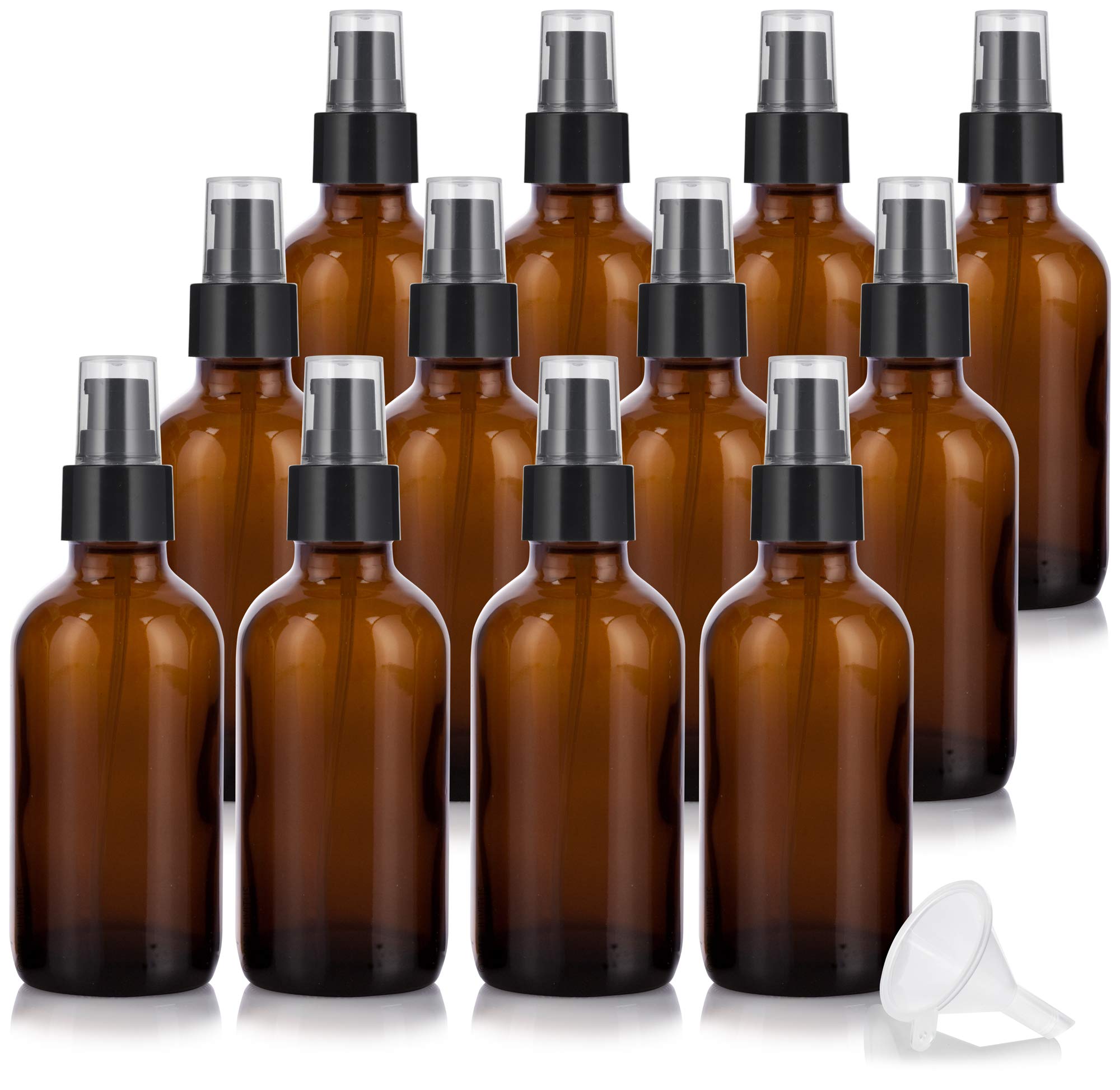 JUVITUS 4 oz Amber Glass Boston Round Bottle with Black Treatment Pump (12 pack) + Funnel