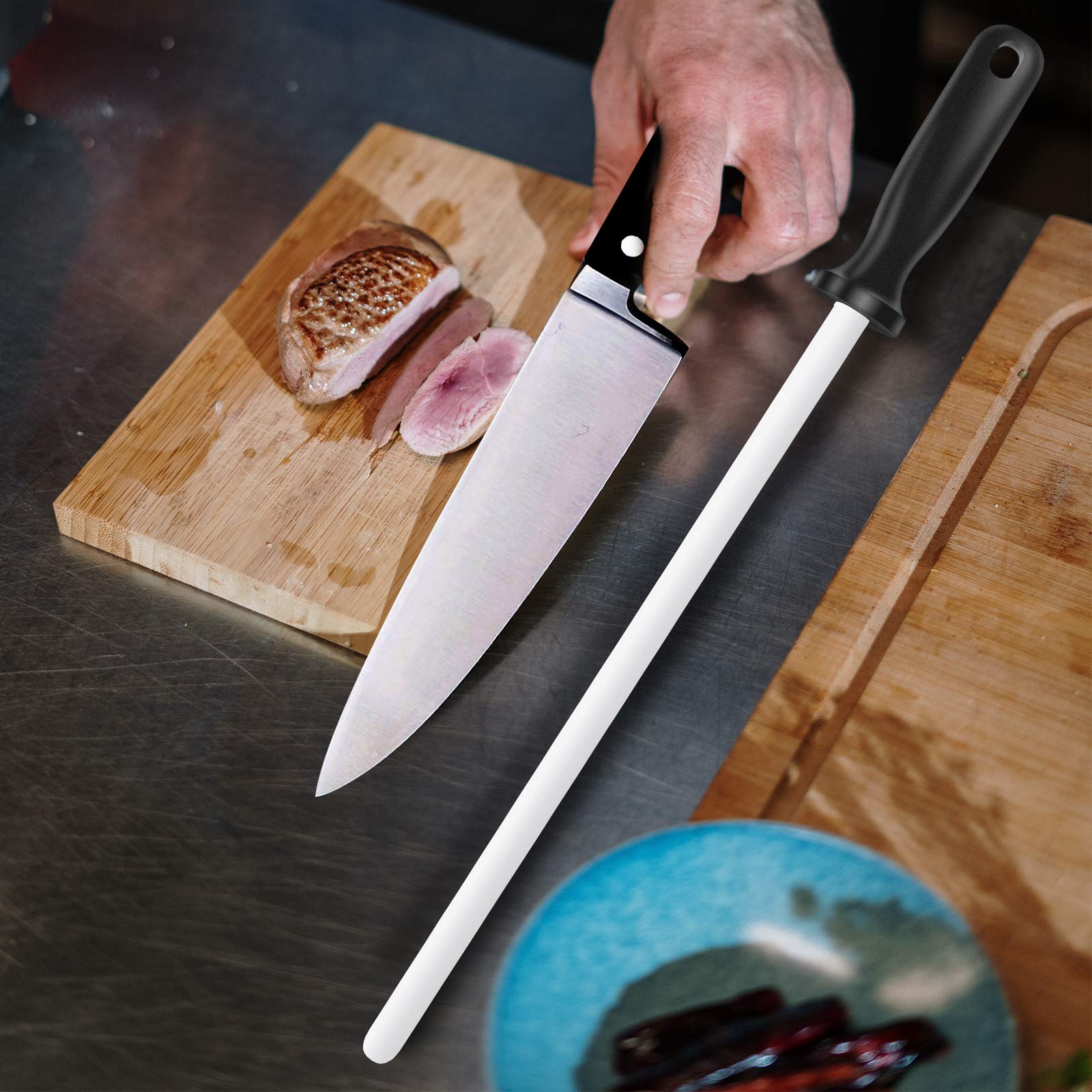 Ceramic Honing Rod, Knife Sharpener Rod Professional Sharpening Rod Stick, for Kitchen,Home&Chef, Firm-Grip Handle (10IN)