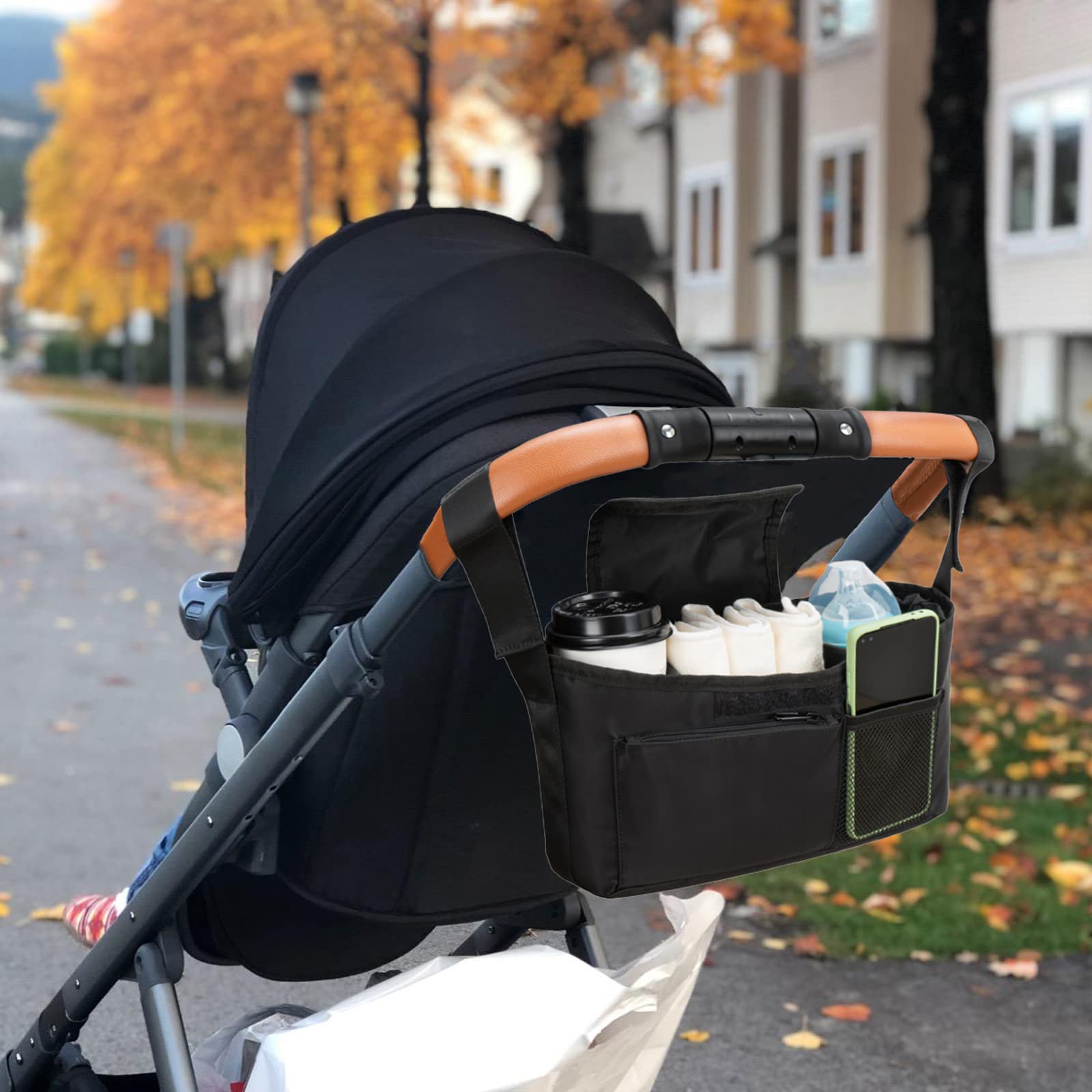 CGACOL Stroller Organizer Storage Bag With Cup Holder Phone Bag Universal Stroller Caddy Adjustable Straps to Fit Most Stroller Rods And Handles (Black)