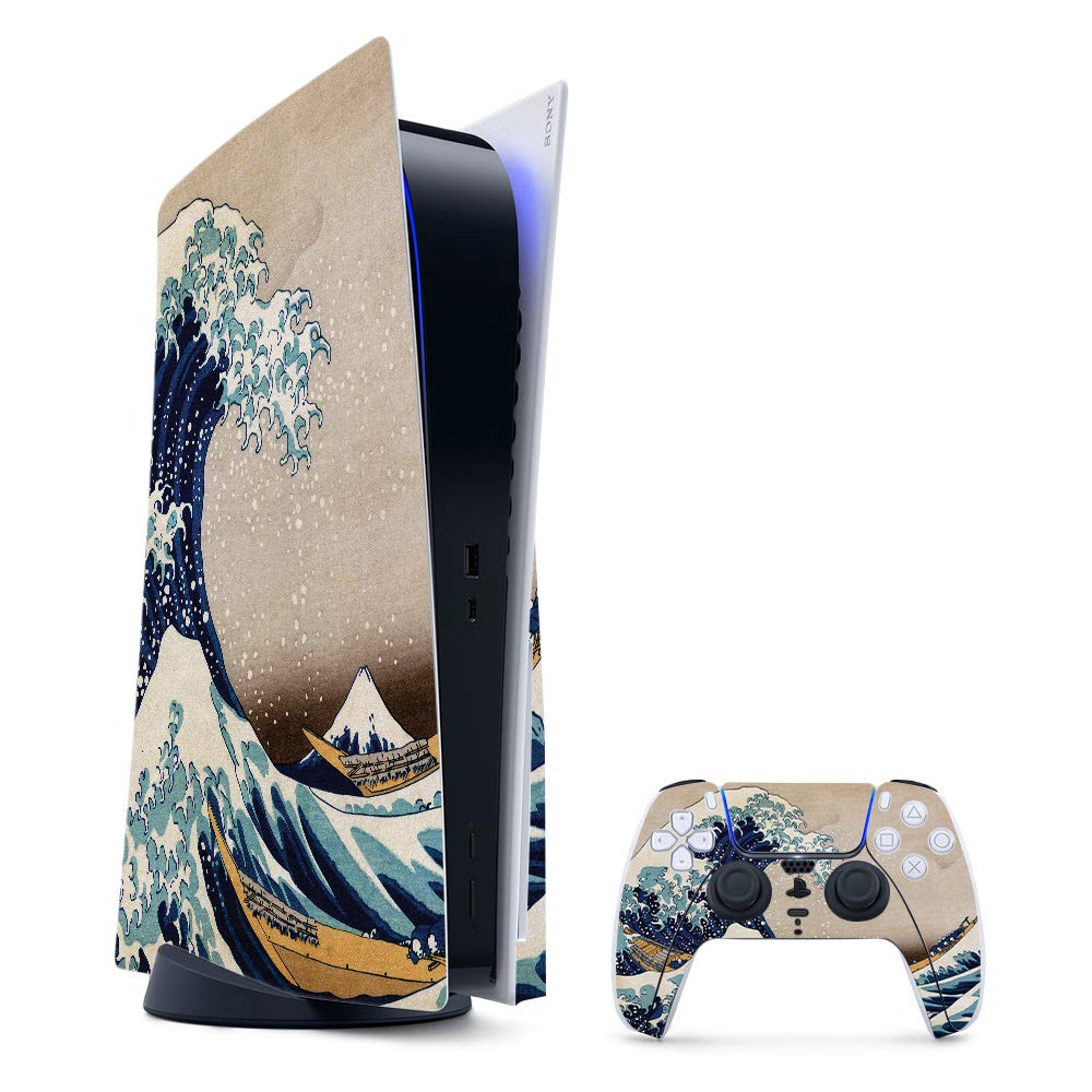 MightySkins Gaming Skin for PS5 / Playstation 5 Bundle - Great Wave of Kanagawa | Protective Viny wrap | Easy to Apply | Made in The USA