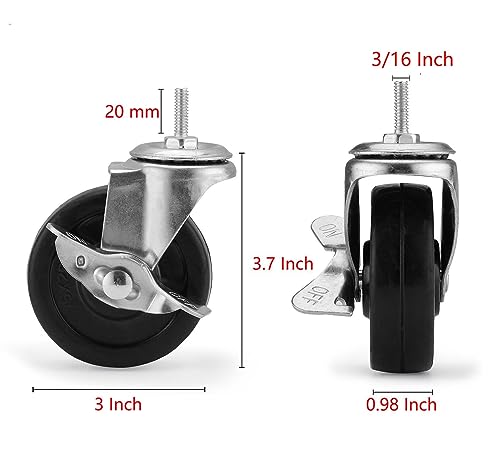 Pusalxl 3-Inch Casters,Shelving Wheels, Wire Shelving Replacement Wheels Set of 4, Threaded Stem Rubber Casters (Screw Diameter 3/16"- 20, Length20mm) for Wire Shelves Rack Legs with 3/4" Posts