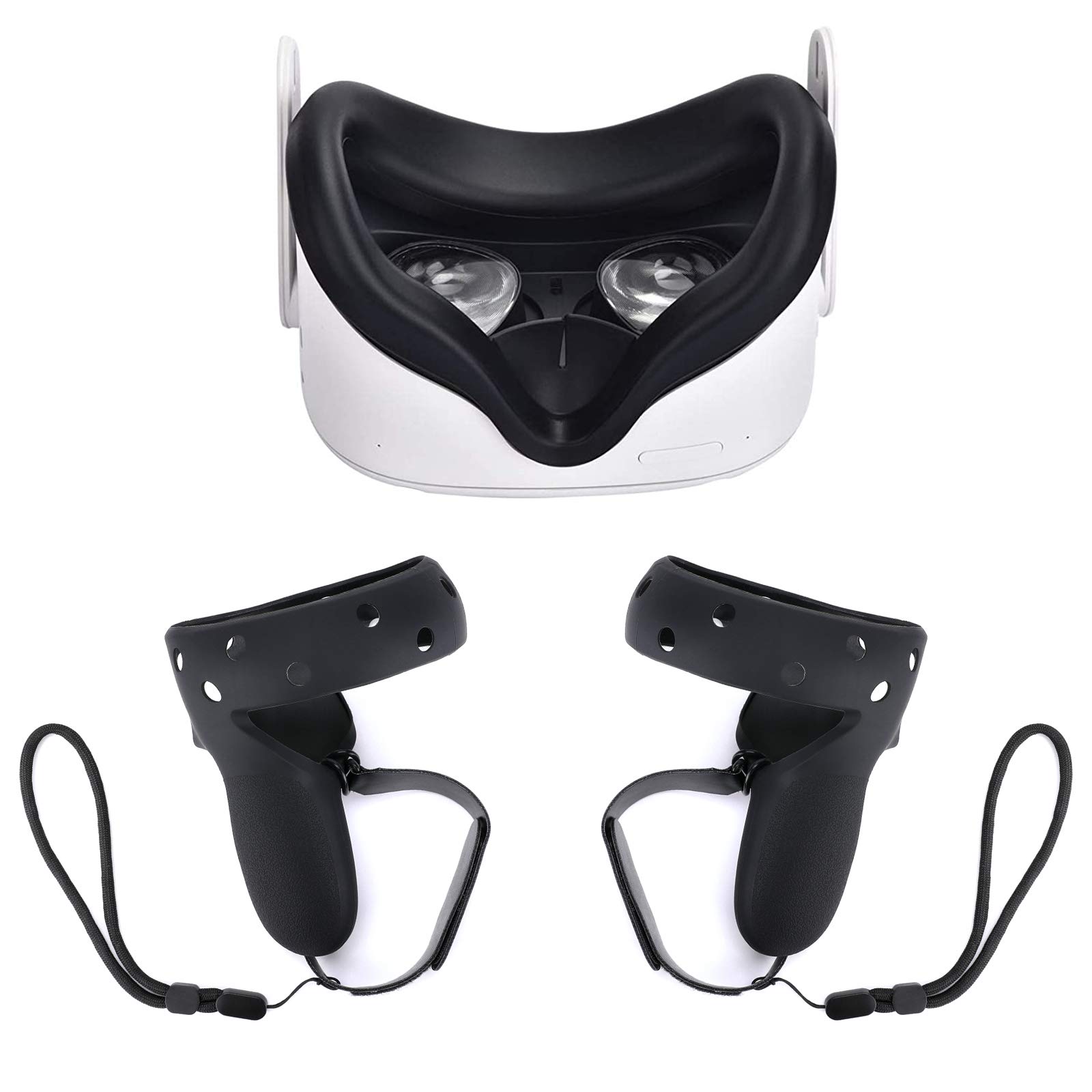 CgBeHah VR Protective Cover set for Oculus Quest 2, Silicone Face Cover, Touch Controller Grip Cover and VR Lens Protect Cover with Anti-Throw Sweat Proof Light Proof, Black