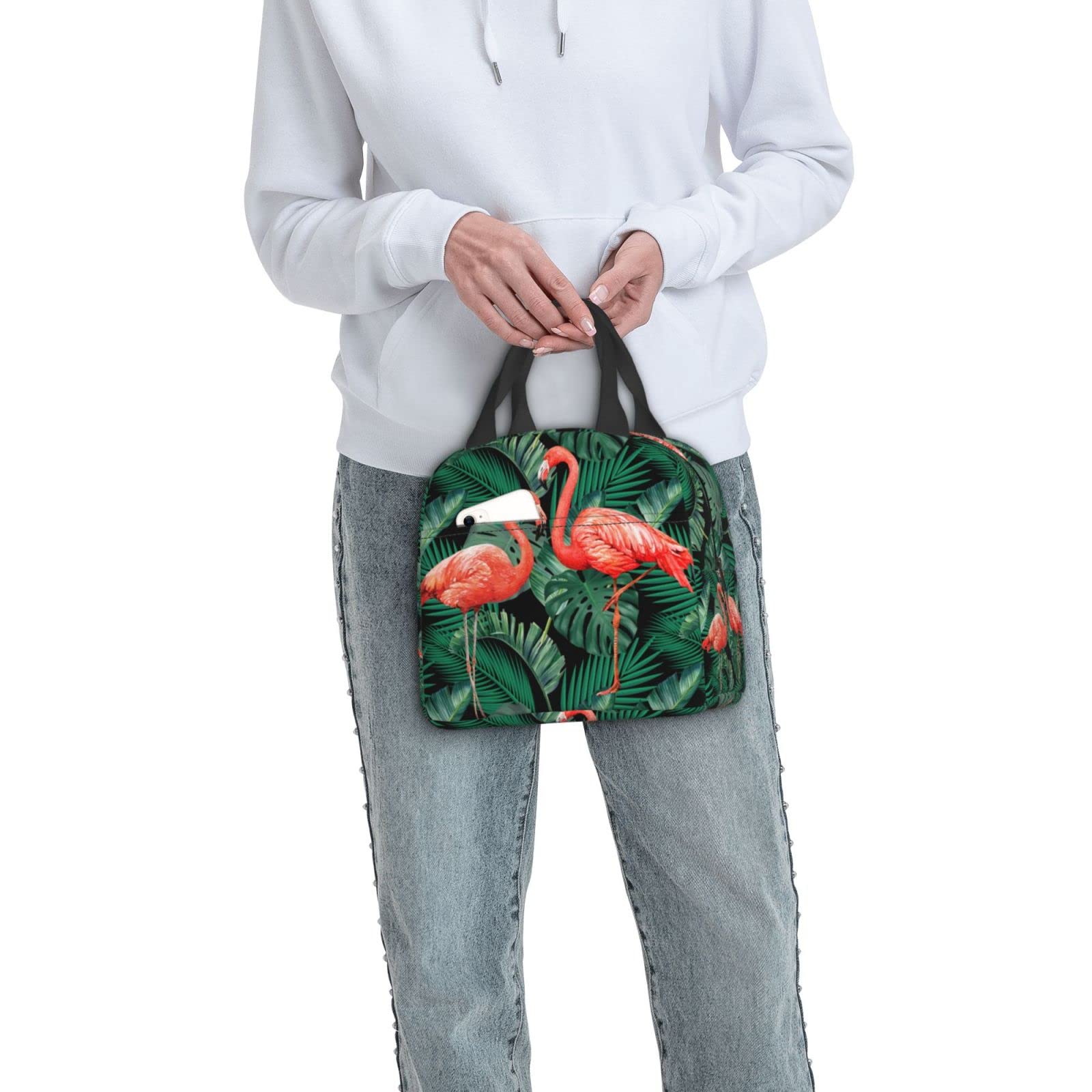 Docsckus Insulated Lunch Bag Water-resistant Cooler Tote Box with Zipper for Women Work Picnic Travel Pink Flamingo Palm