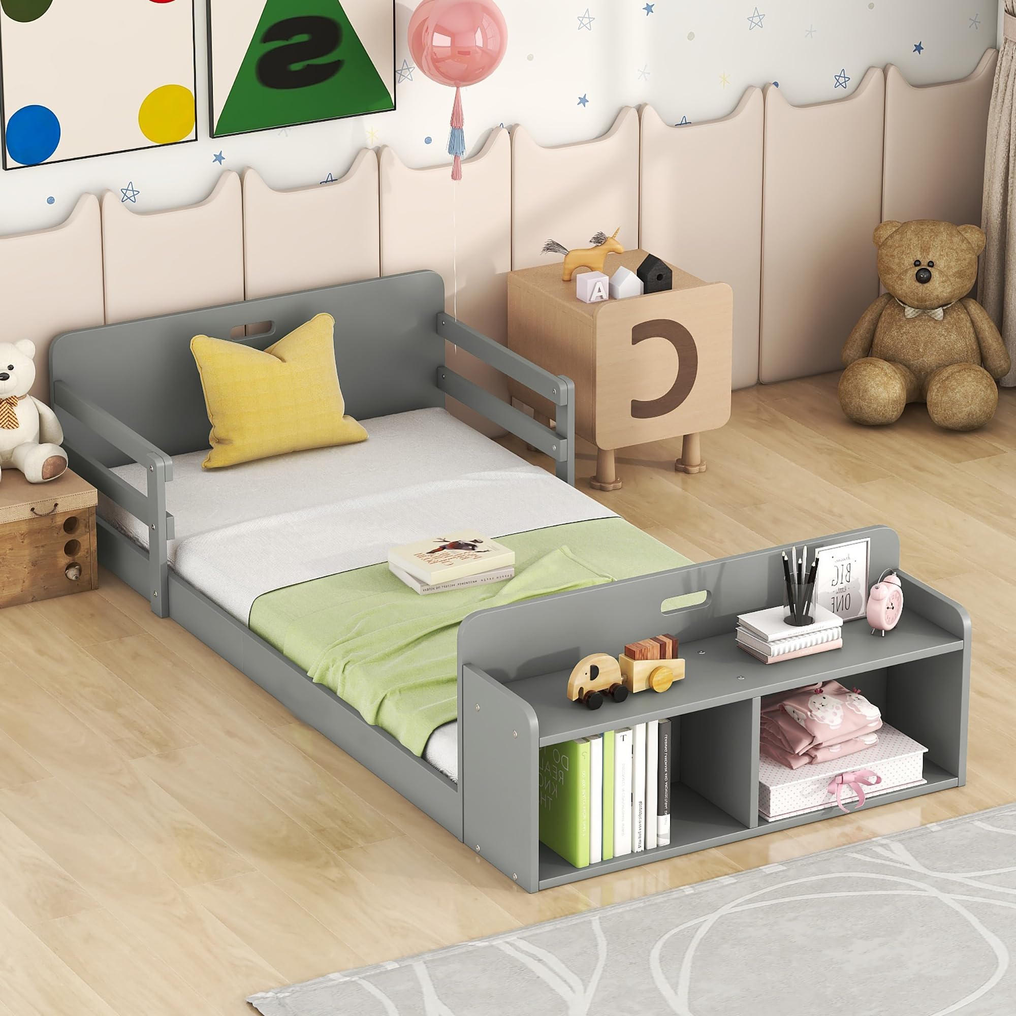 Harper & Bright Designs Twin Size Floor Bed with Storage Footboard and Guardrail, Wood Floor Bed Frame with Solid Wood Slats,Twin Bed Frame for Kids Girls Boys,Gray