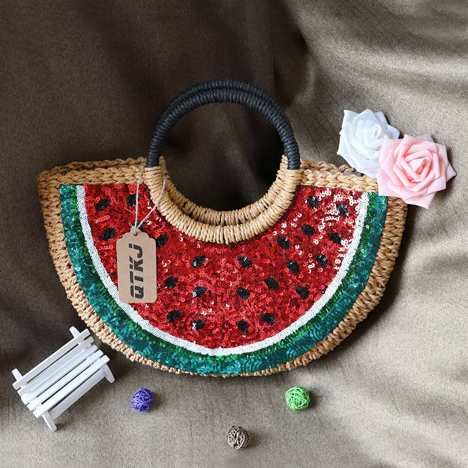 Semi-circle Rattan Straw Handbags, Hand-woven Summer Watermelon Beach Straw Bag with Sequin for Women