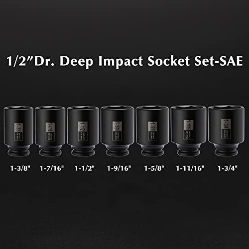 EMENTOL 7PCS 1/2"Drive Deep 6-Point Spindle Axle Nut Impact Socket Set, CR-MO, 1/2" Drive Deep Impact Socket Set, 1-3/8 Inch - 1-3/4 Inch