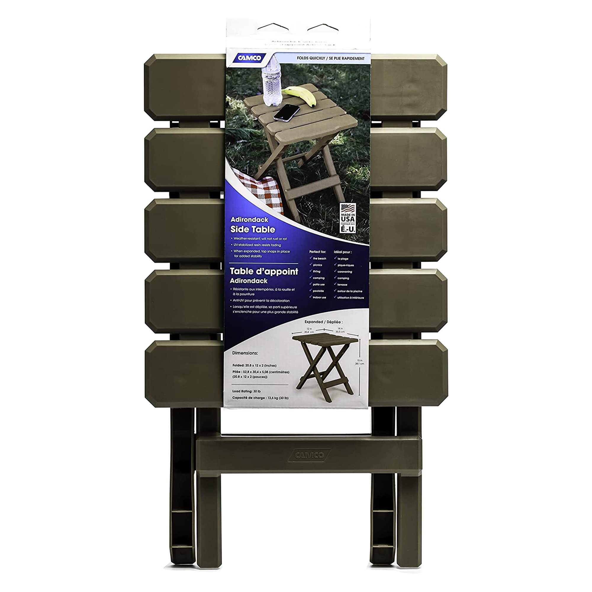 Camco Adirondack Portable Outdoor Folding Side Table-Perfect for The Beach, Camping, Picnics, Cookouts and More-Weatherproof and Rust Resistant-Taupe (21045)