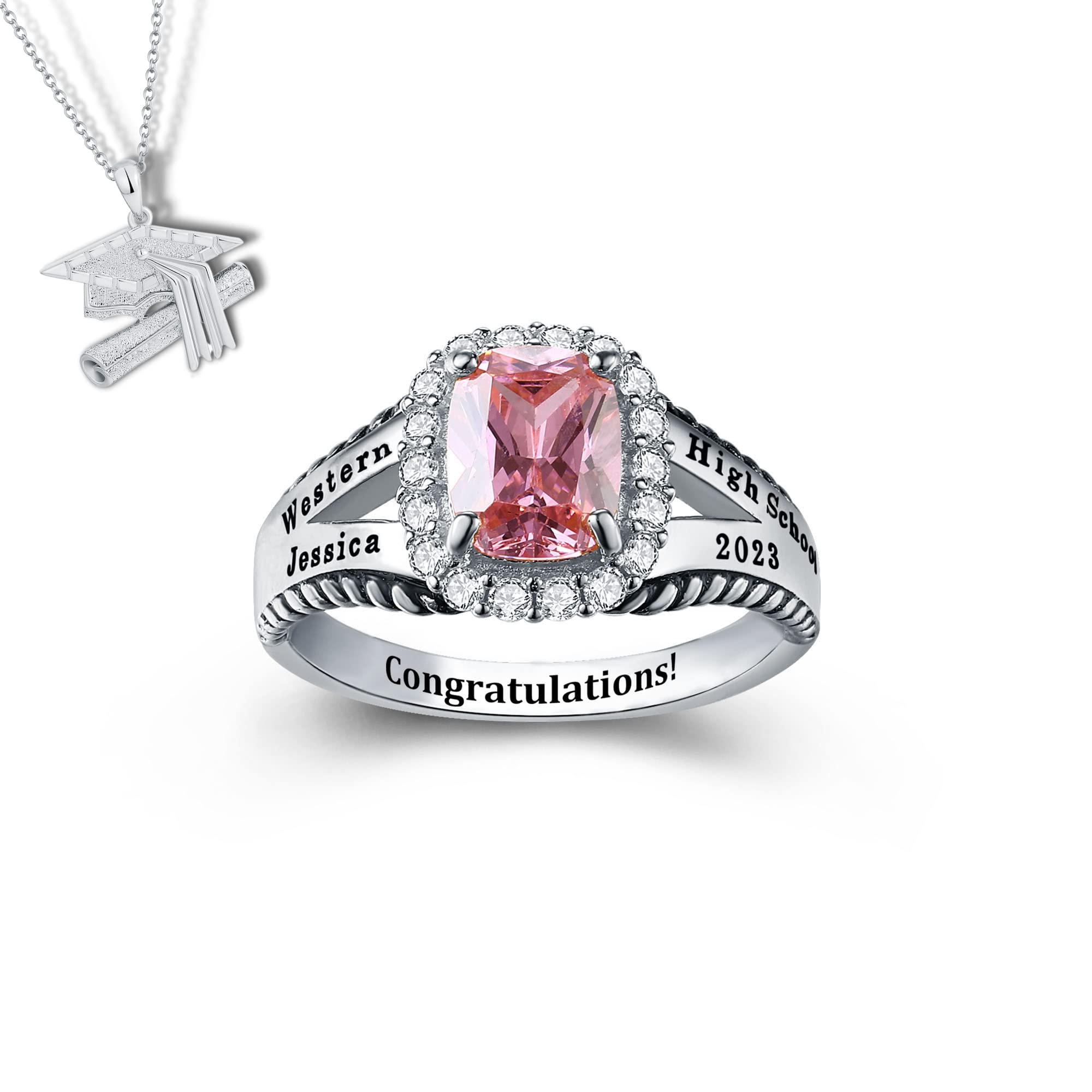 Customized Sterling Silver Women High School and College Class Ring – Style Collection – MEMENTOS JEWELRY (Sterling Silver Platinum)