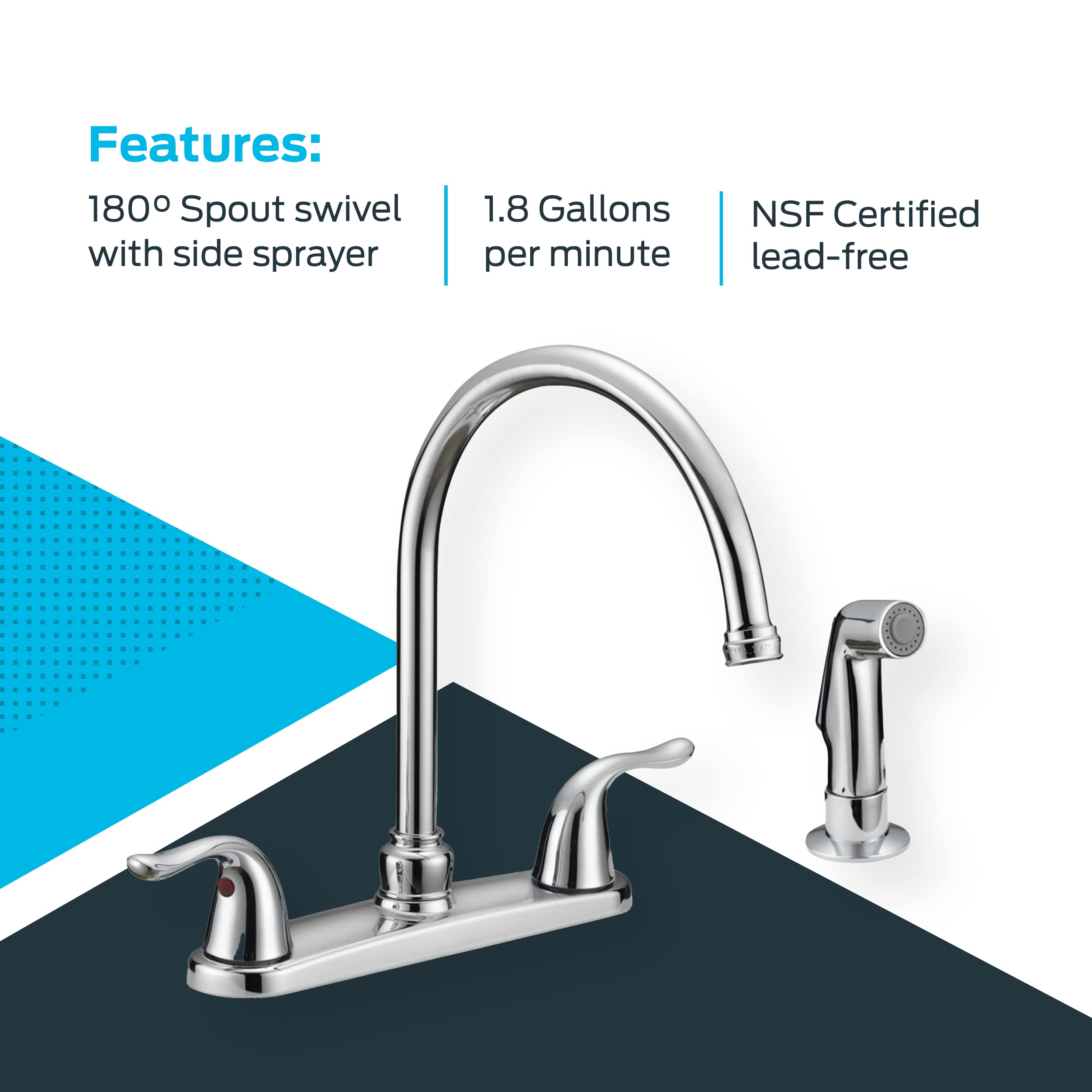 EZ-FLO Kitchen Faucet, Kitchen Sink Faucet with 2 Handles and Pull-Out Side Sprayer, 4-Hole Installation, Chrome, 10201