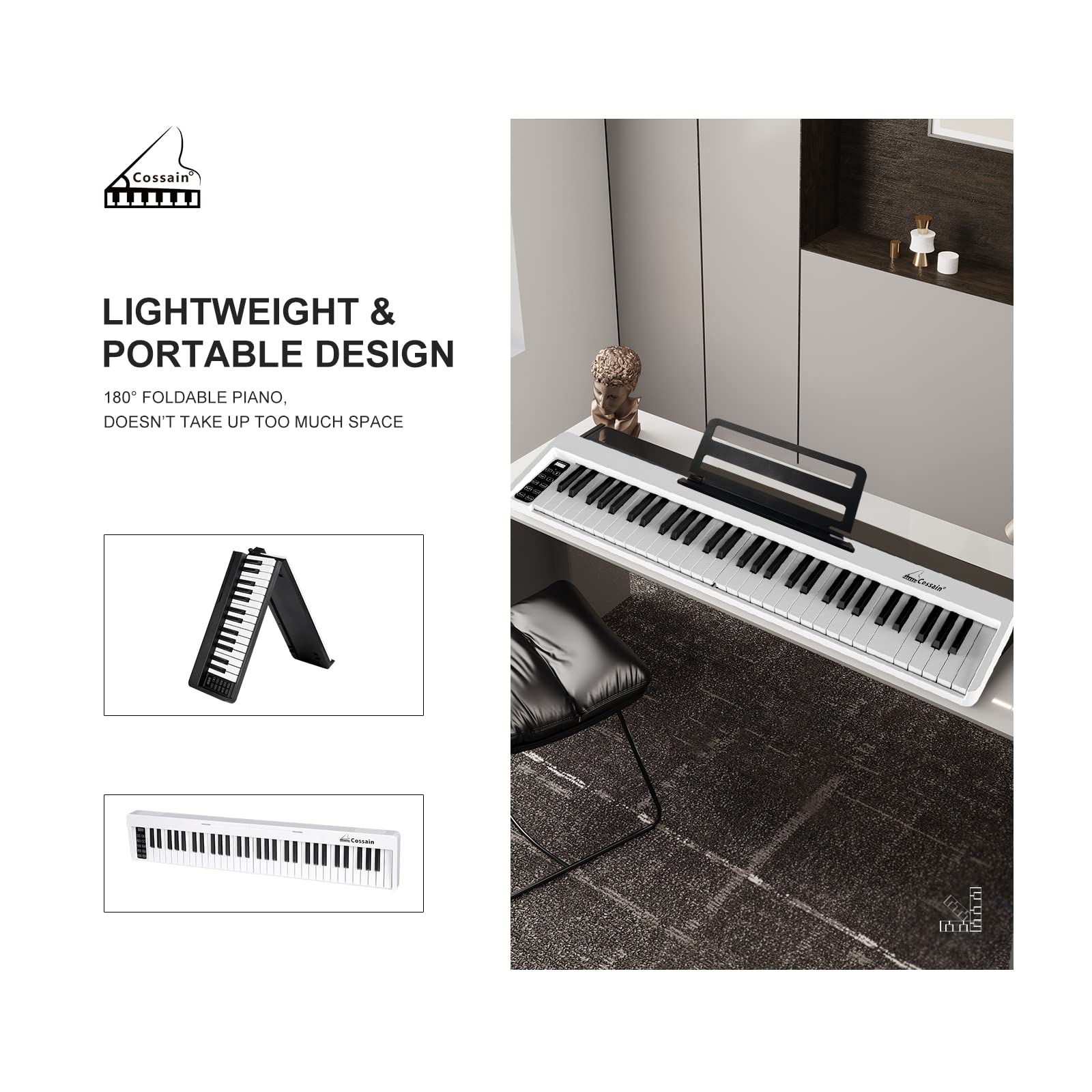 Cossain Folding Piano 61 Key Keyboard with Upgrade Imitation Wood Texture Keyboard 61 Key Digital Piano with MIDI Portable Piano Keyboard for Beginners - Deep Black