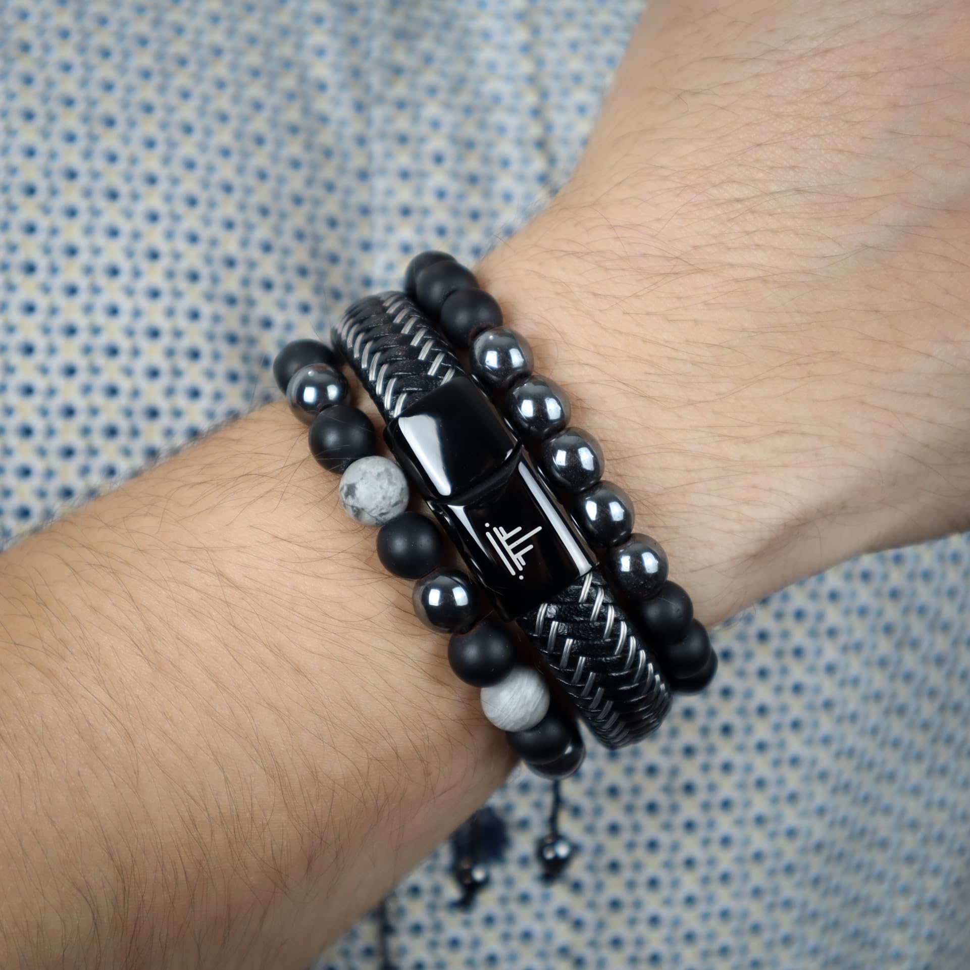 CG85 Genuine black leather bracelet with silver stainless steel thread and black steel clasp, plus 2 handwoven stone beads bracelets (3 pieces)