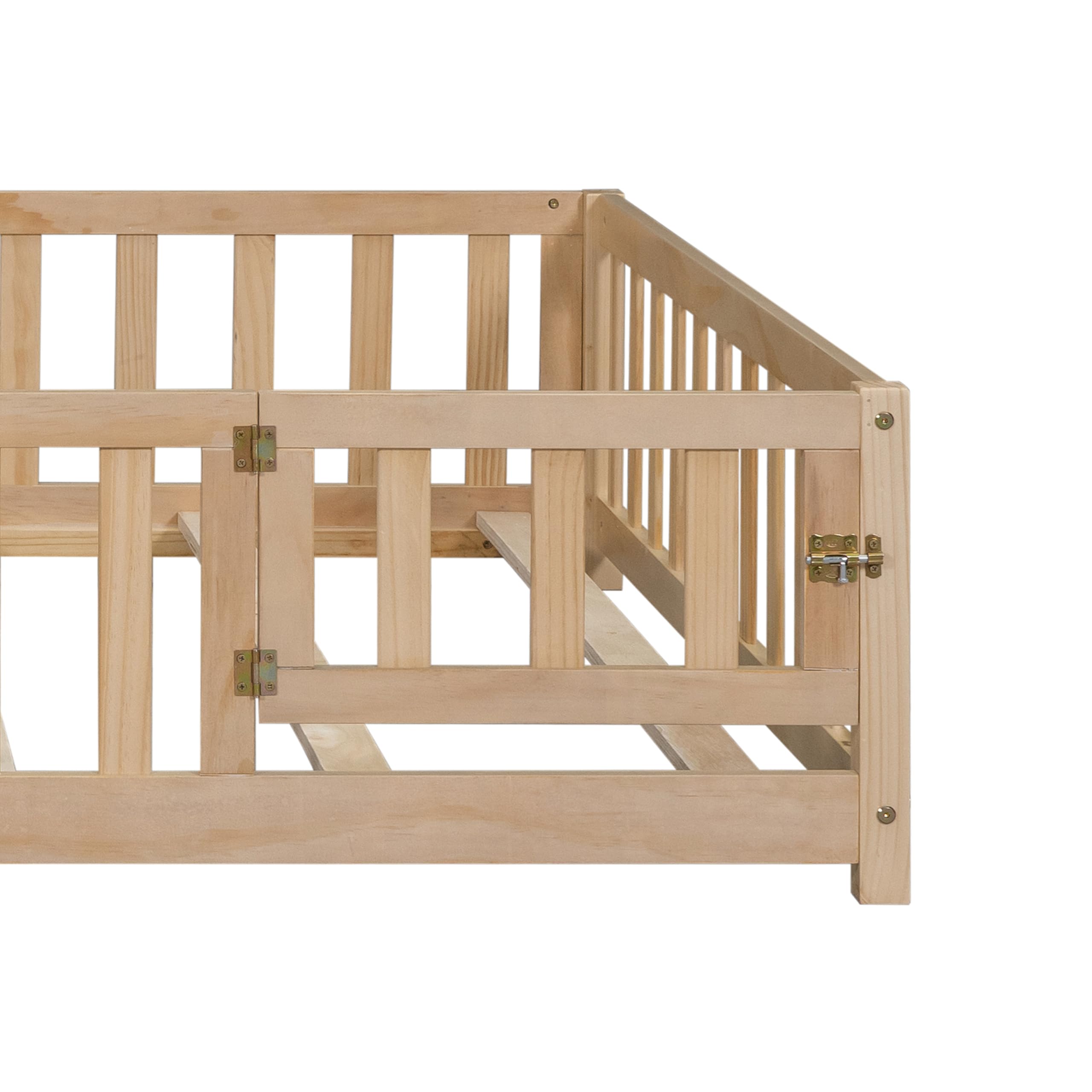 Harper & Bright Designs Floor Bed Full Size Montessori Bed Frame with Fence and Door, Wooden Full Platform Bed for Kids, Boys Girls, Slats Included, No Box Spring Needed, Natural