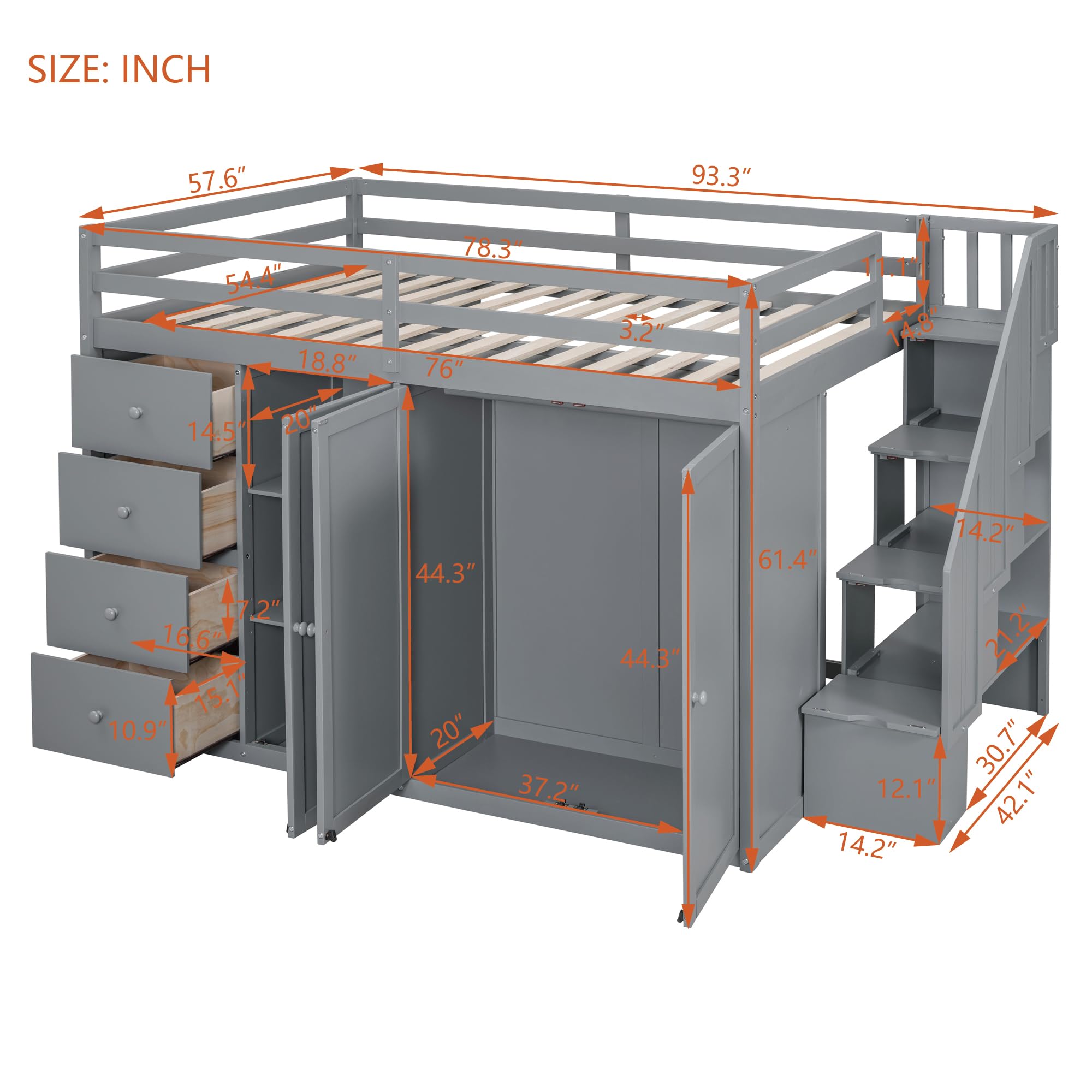 Harper & Bright Designs Full Size Loft Bed with Stairs, Wood Loft Bed with 2 Wardrobes, Full Loft Bed with Storage Drawers and Cabinet, High Loft Bed Frame for Kids Teens Adults, Grey