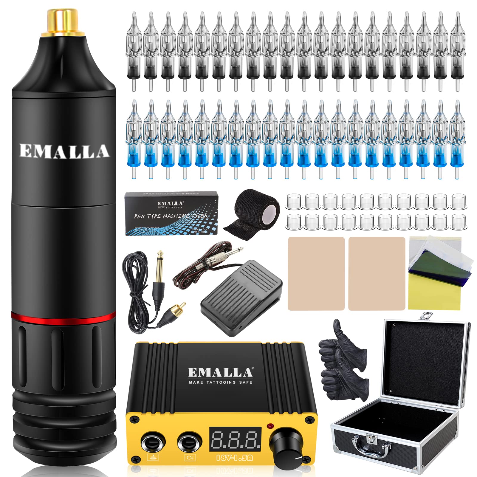 Emalla Tattoo Machine Kit - Professional Tattoo Machine Kit with Power Supply 1Pc Tattoo Machine Pen 40Pcs Tattoo Cartridge Needles and Other Accessory for Beginners or Artists