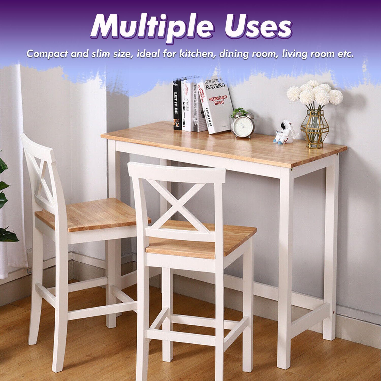 Kings Brand Furniture - 3 Piece Dining Table Set, Counter-Height Bar Breakfast Table with 2 Stools for Living Room Kitchen Small Space Apartment - White