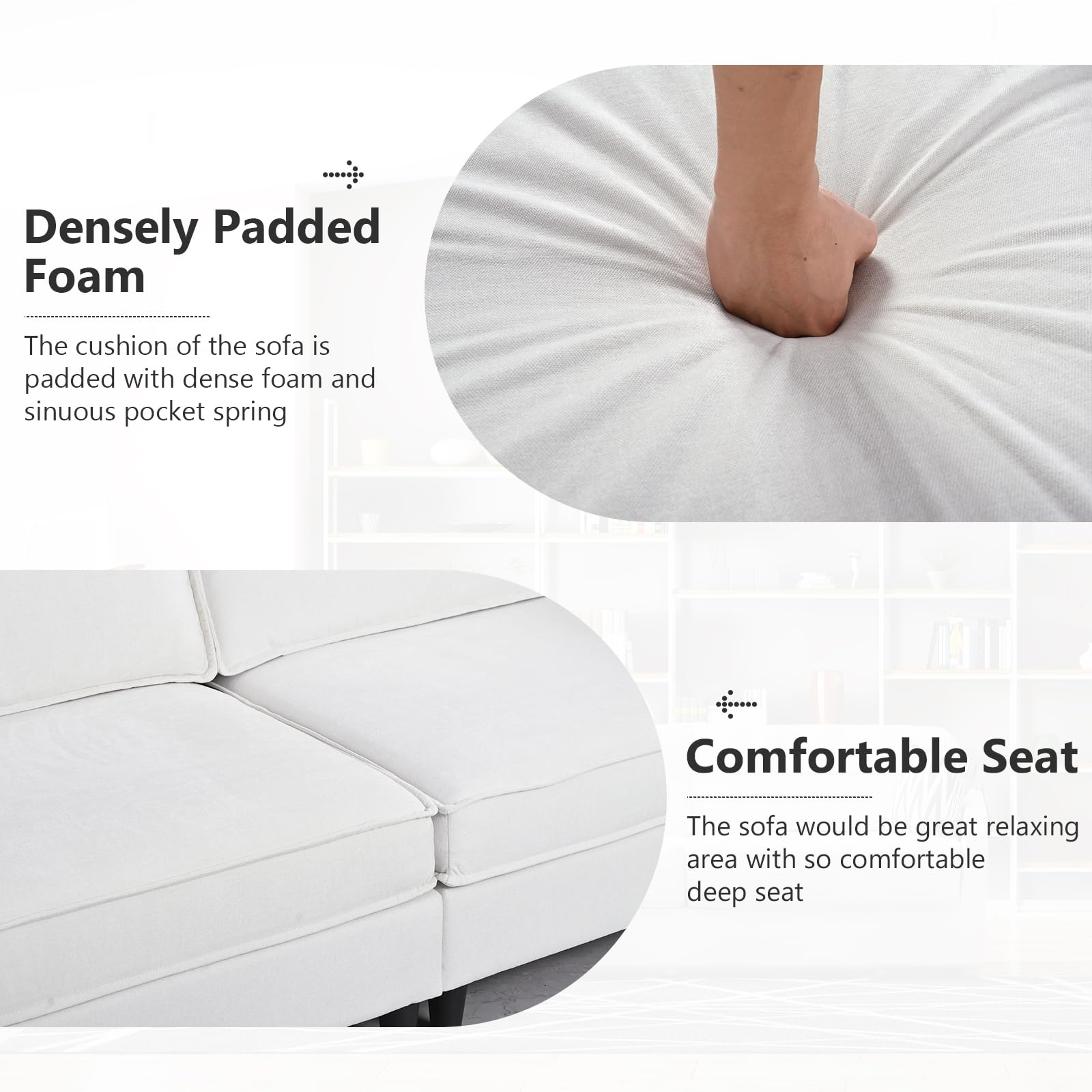 Hommoo Modern Reversible Sectional Sofa Couch for Living Room U Shaped Sectional with 2 Ottomans Comfy Linen Fabric 4 Seat Sofa with Metal Legs Large Modular Sofa Couch with Pillows 143" Beige