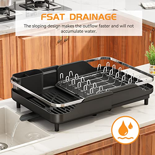 PXRACK Dish Drying Rack, Expandable(11.5"-19.3") Dish Rack for Kitchen Counter, Dish Rack and Drainboard Set, Dish Drainer with Utensil Holder for Kitchen Sink, Black