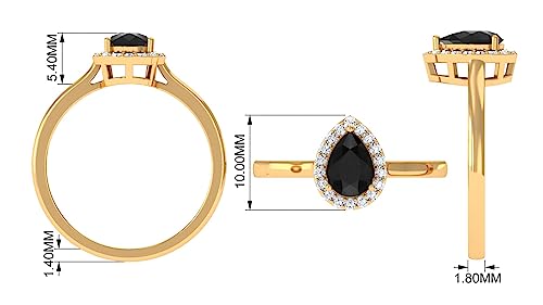 Certified Black Spinel Diamond Halo Engagement Ring, AAA Quality, Black Spinel 5X7mm Pear Shape Ring - Ready To Gift, 14K Yellow Gold, Size:US 7.50